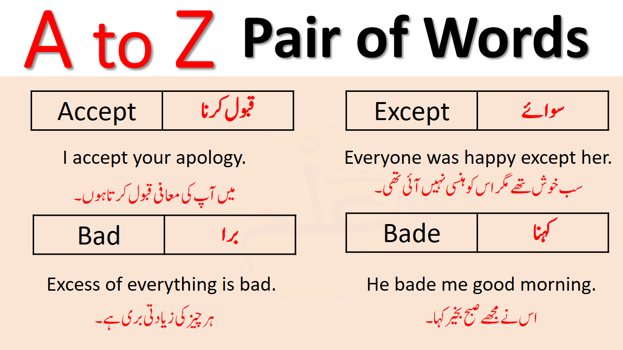 A to Z Pair of Words in Urdu with Sentences